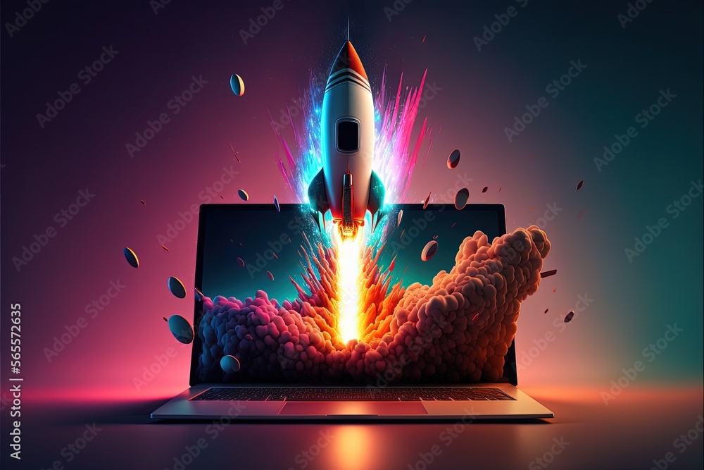 Rocket illustration popping out of laptop screen, startup concept ...