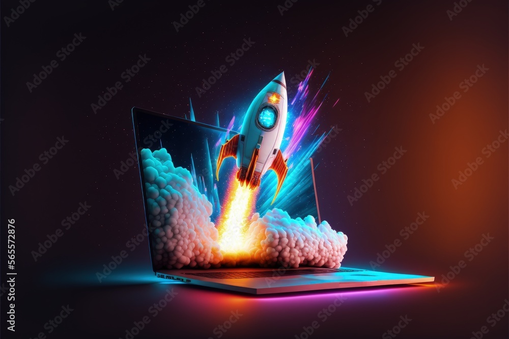 Rocket illustration popping out of laptop screen, startup concept ...