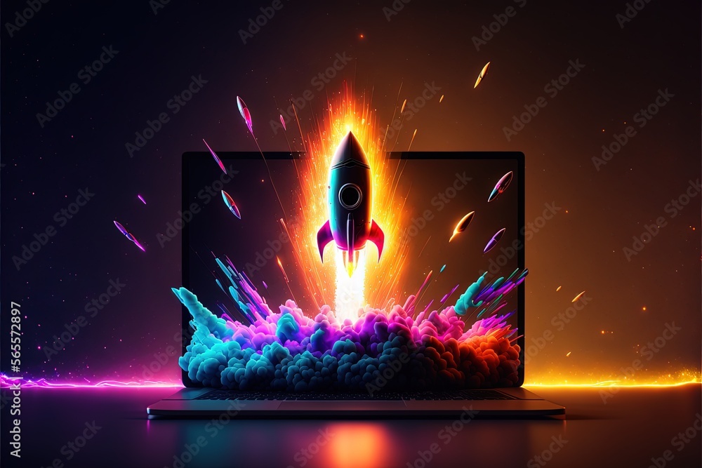 Rocket illustration popping out of laptop screen, startup concept ...