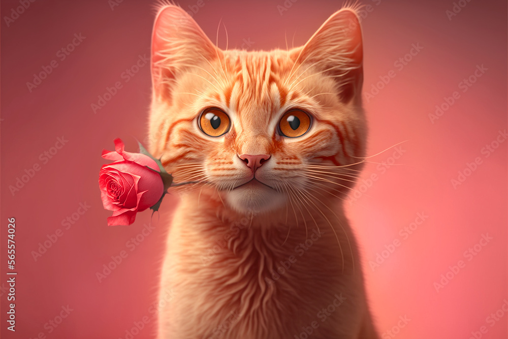 Orange Tabby Kitten Holding a Red Rose in Its Mouth. Generative AI ...