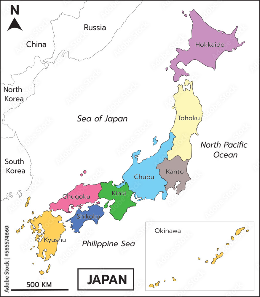 Japan vector map colored included eight regions Hokkaido, Tohoku, Kanto ...