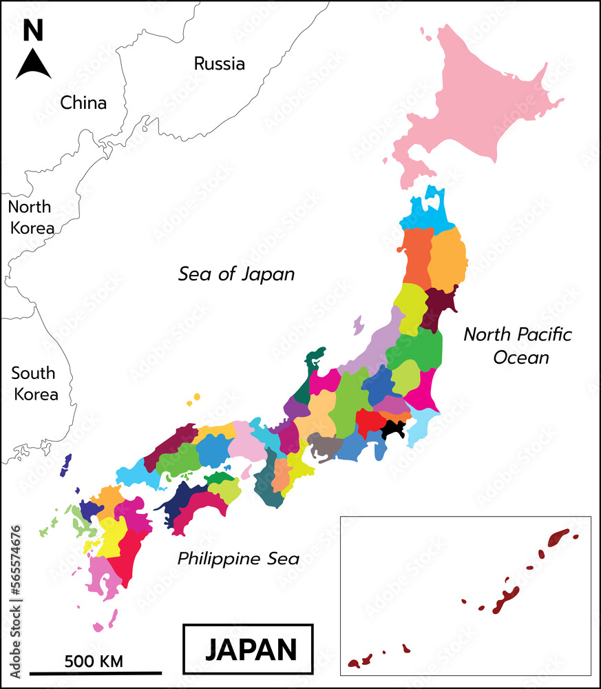 Japan prefectures (province) vector map colored be regions with ...