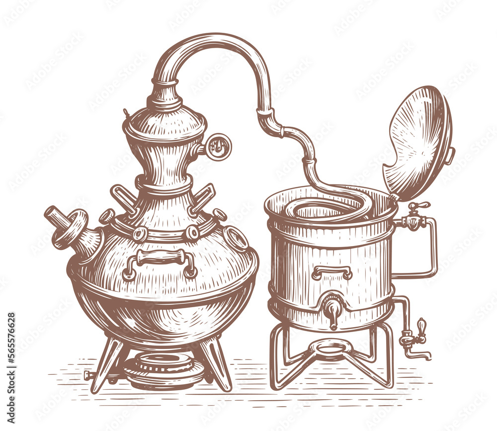 Distillation apparatus sketch. Alcohol ethanol production, distillery ...