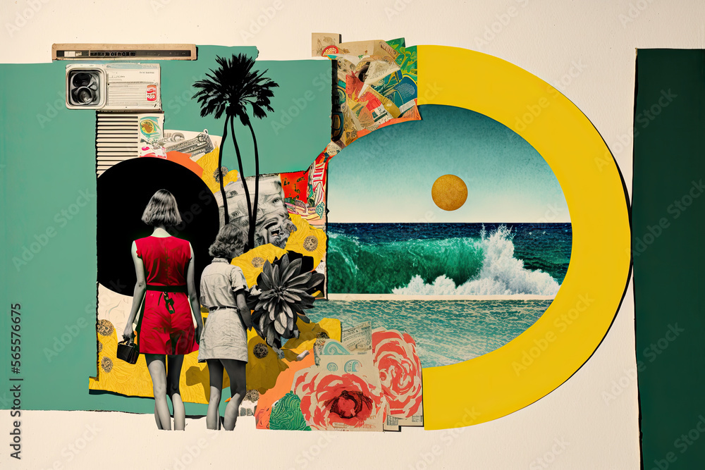 Generative AI illustration of a collage in retro style with soft colors ...