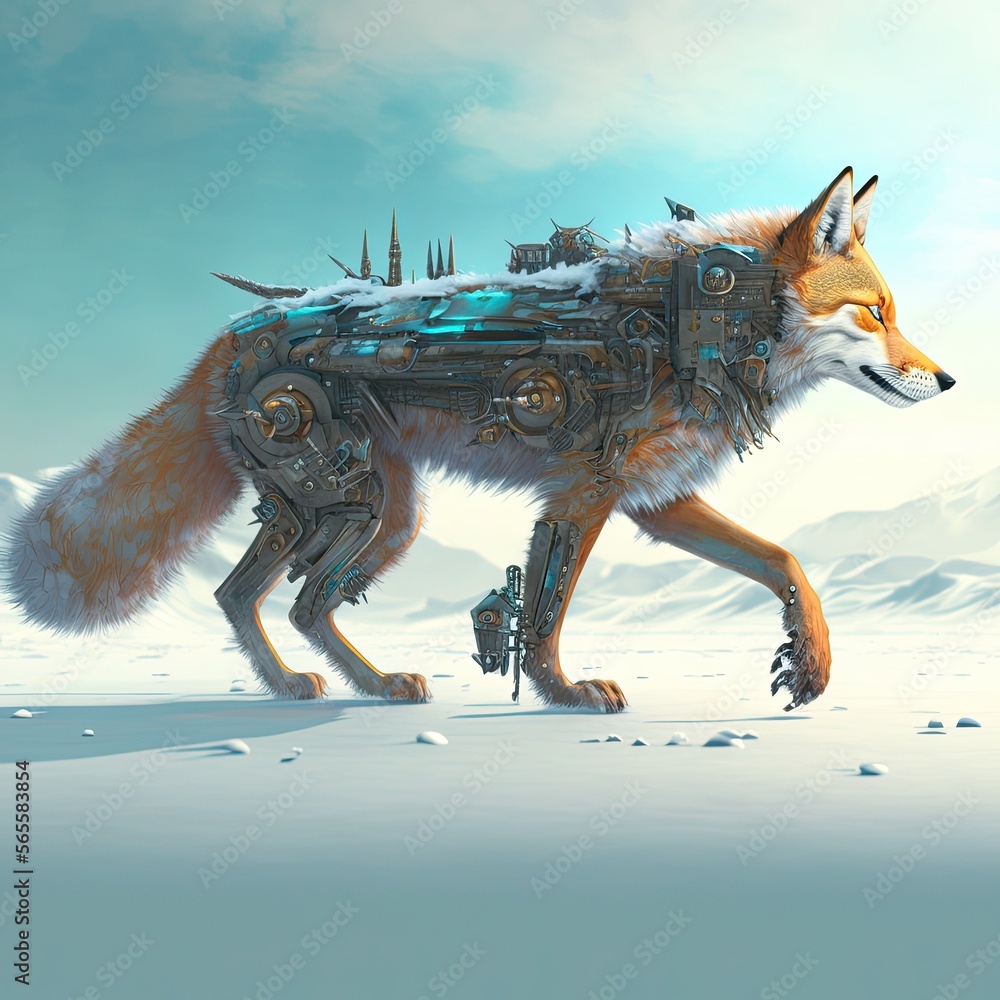 Robot fox in armour, armed futuristic fox spy in a snowy field ...