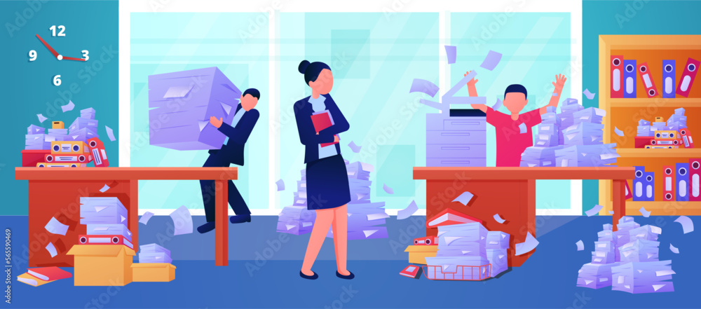 Vektorová grafika „Office bureaucracy. Document pile. Problems in ...