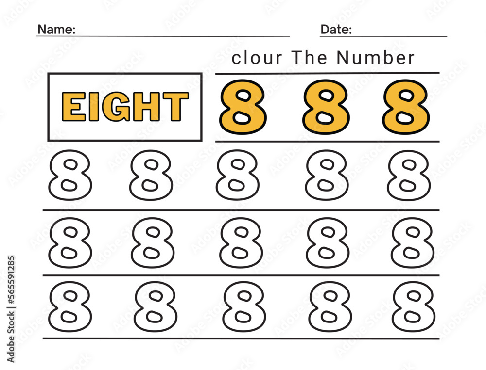 Number 8 coloring practice worksheet with all numbers for kids learning ...