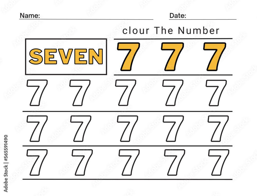 Number 7 coloring practice worksheet with all numbers for kids learning ...