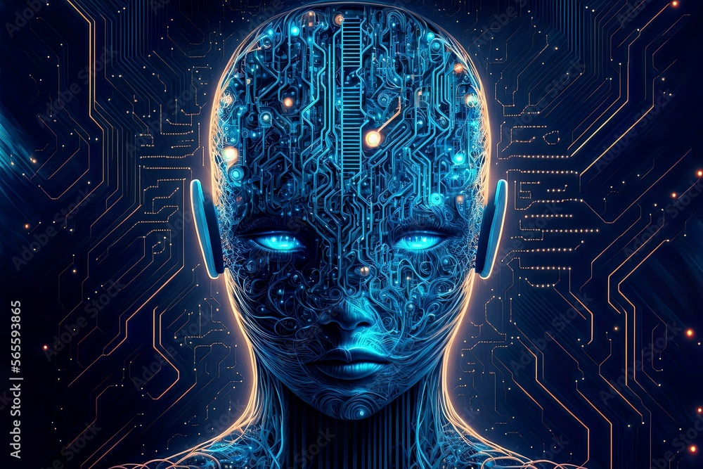 a young woman's head with a circuit board pattern on it, representing ...