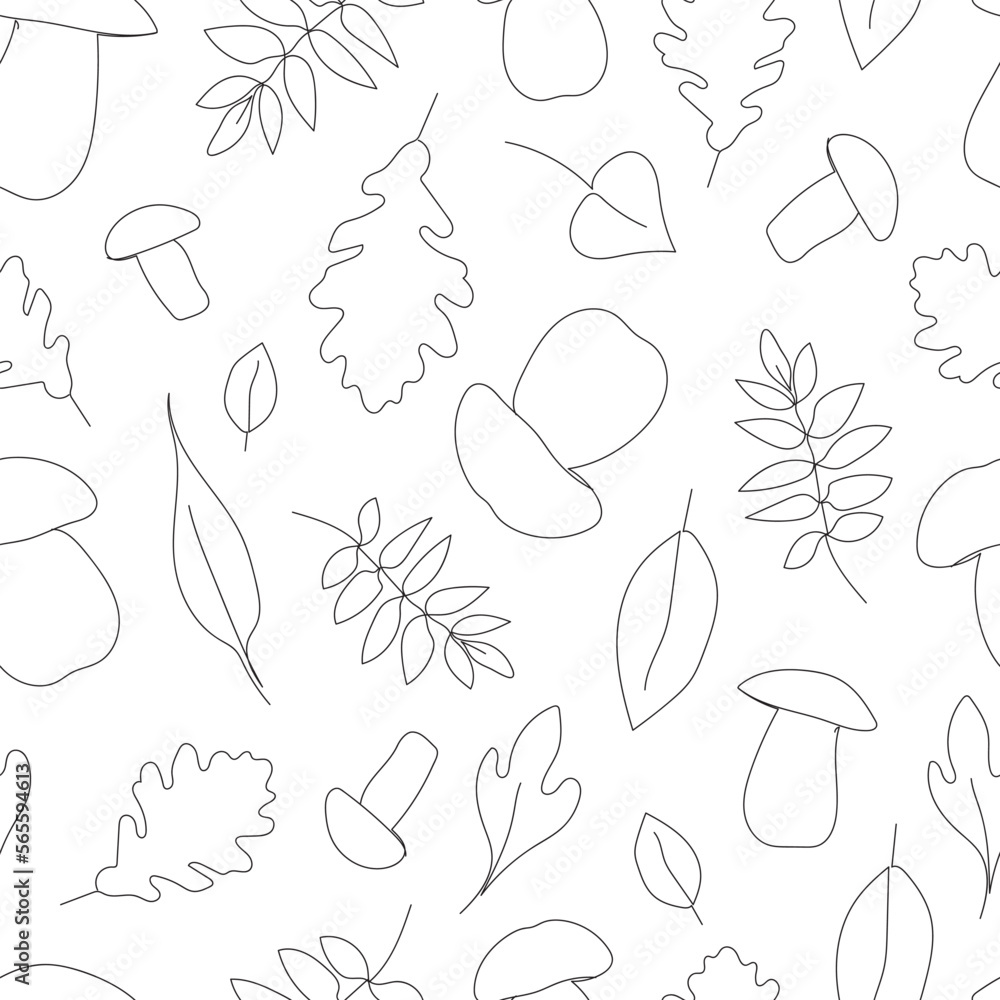 Autumn seamless pattern with mushrooms and leaves. One line drawing ...