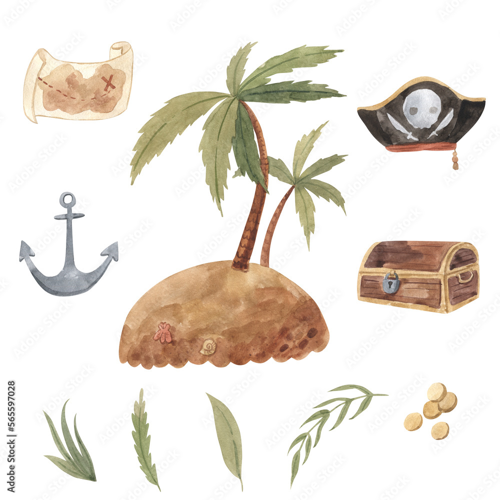 Watercolor pirate hat, chest, palm tree, treasure map illustration for ...