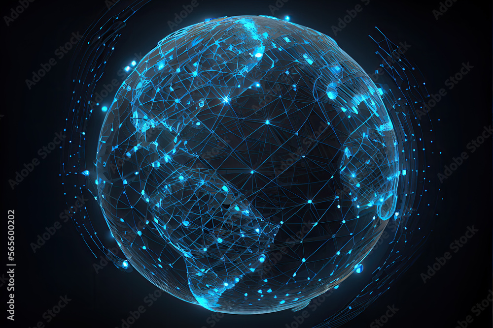 Plexus structure of lines and nodes around blue earth sphere. Technology science and engineering ...