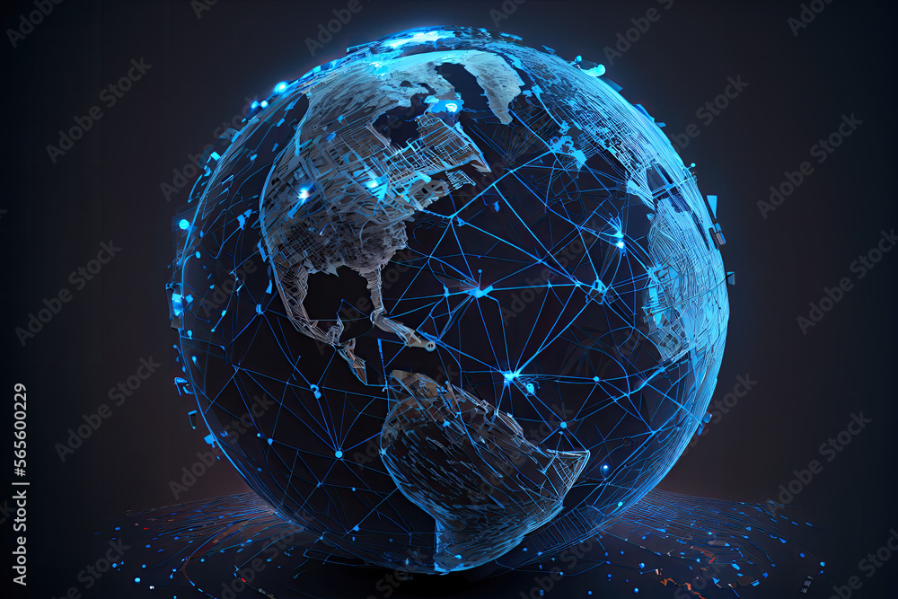 Plexus structure of lines and nodes around blue earth sphere ...