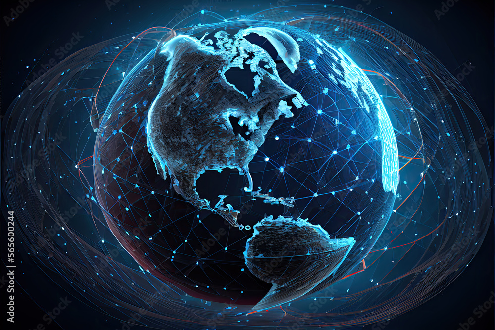 Plexus structure of lines and nodes around blue earth sphere ...