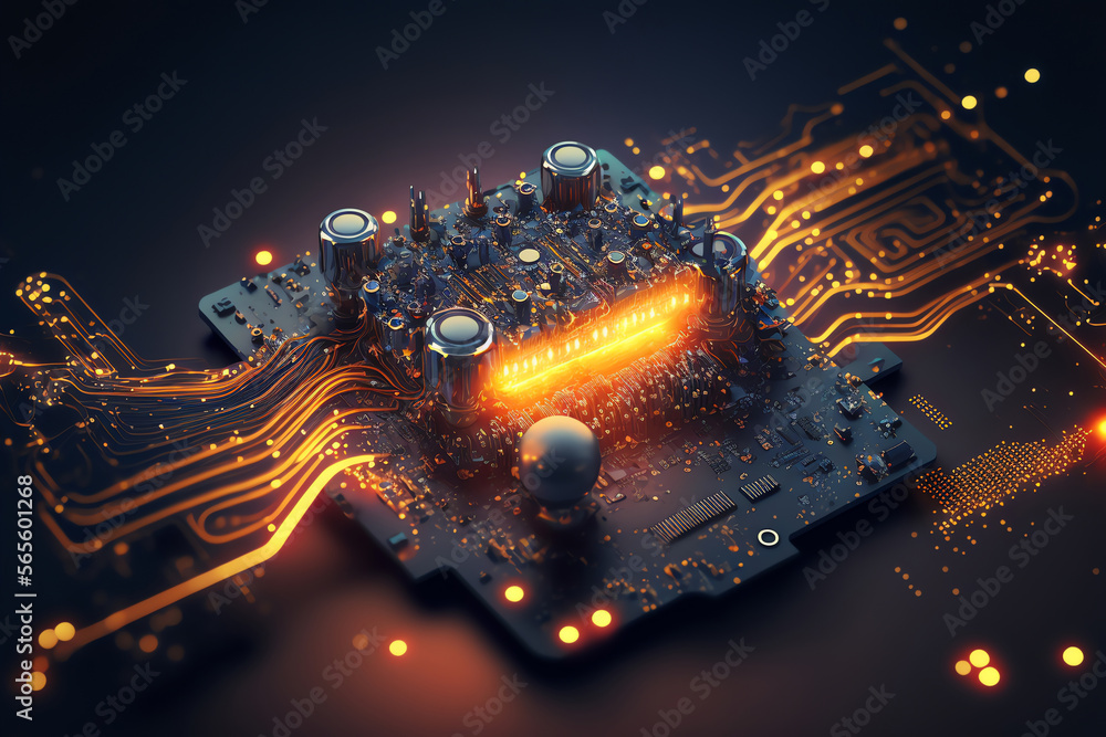 Electronic Circuit Board Close Up Glowing Microchip In Macro Futuristic Circuit Concept