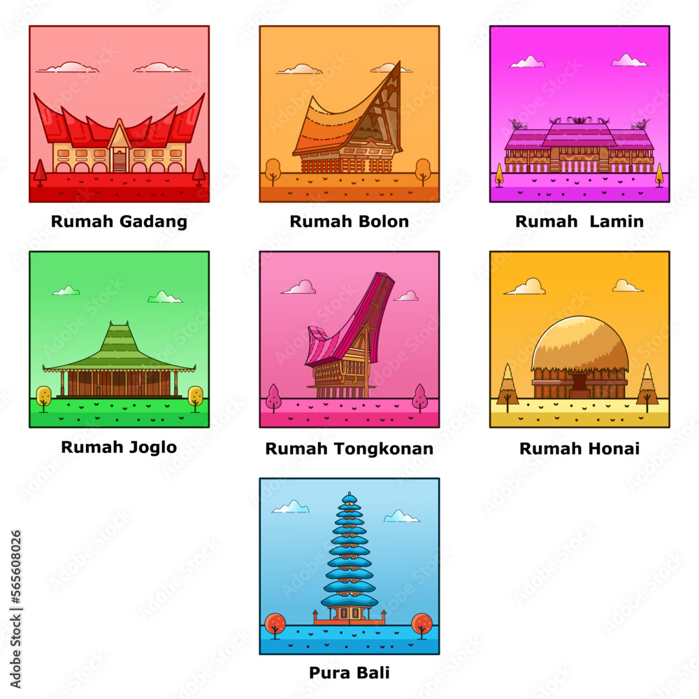 Indonesian Traditional House Icon from Minang, Batak, Dayak, Jawa ...