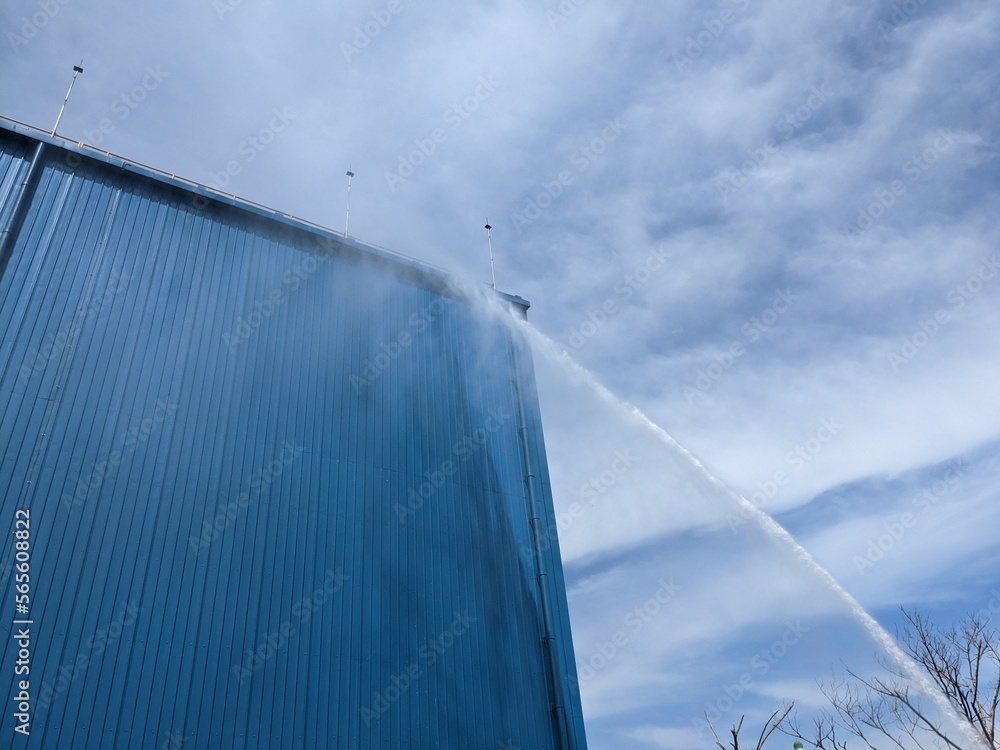 Spray water test hydrant tower on the combine cycle power plant. The ...