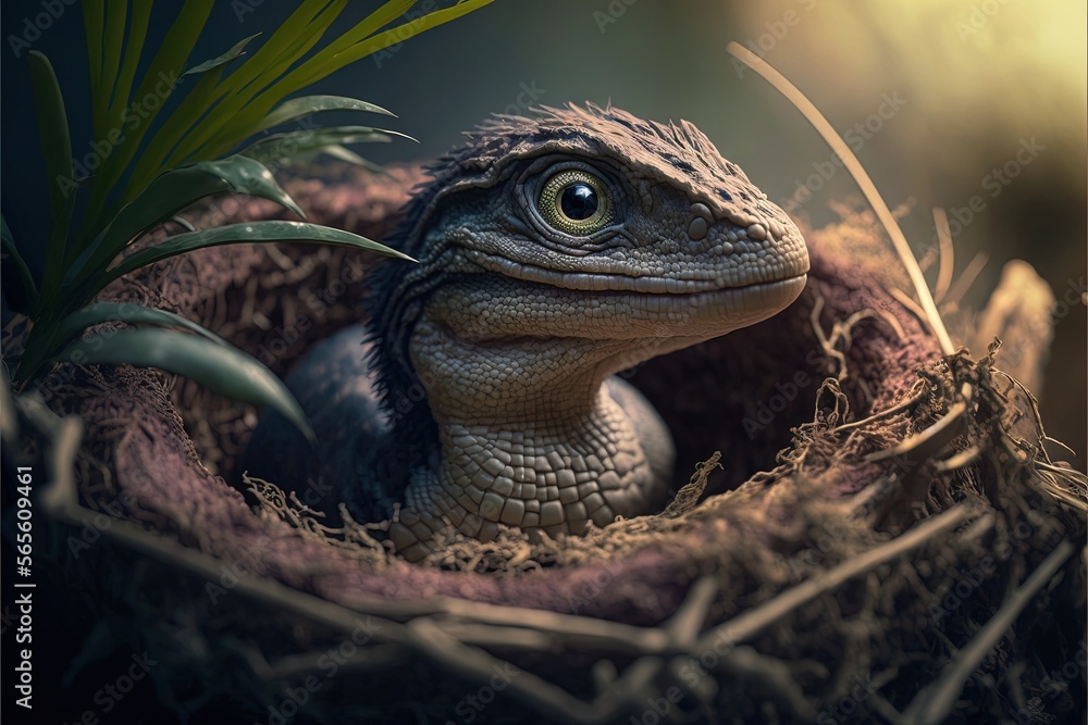 ภาพประกอบสต็อก a small lizard is sitting in a nest with a plant in it's ...