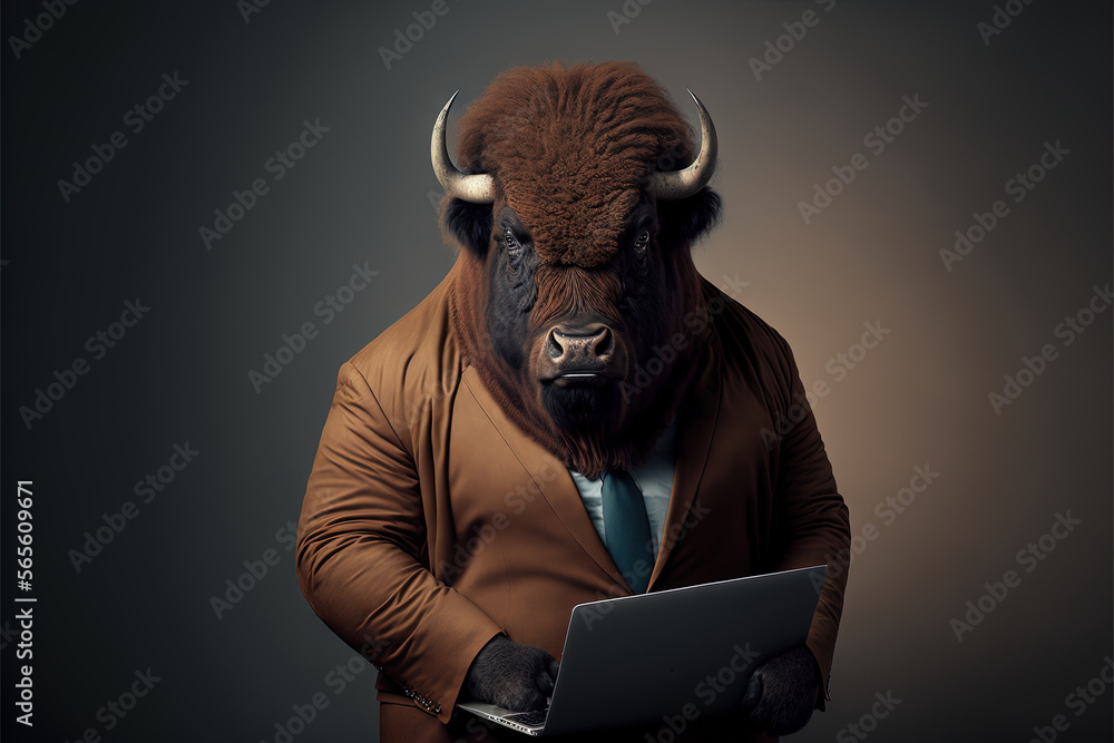 a man in a bull costume using a laptop computer while wearing a suit ...