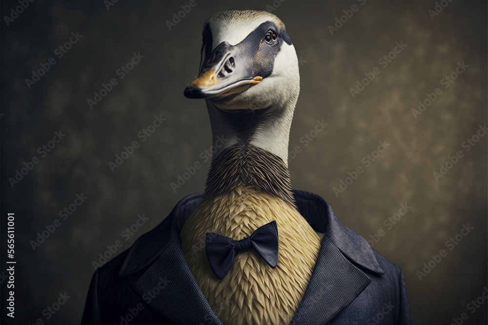 a duck wearing a suit and bow tie with a dark background and a dark ...