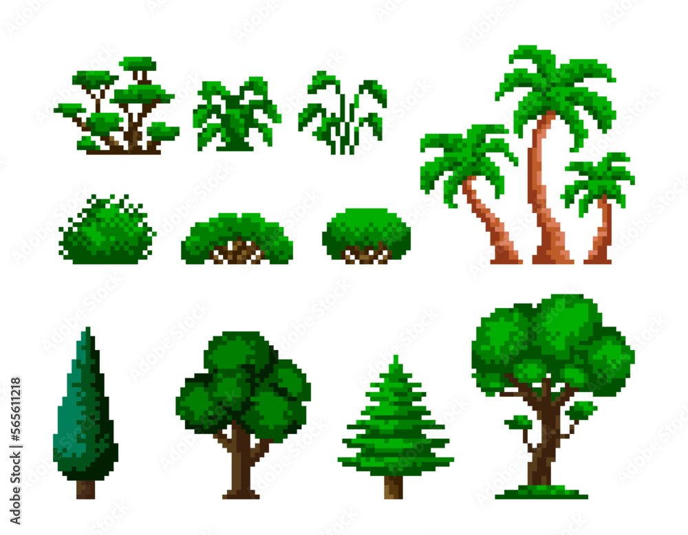 Vetor do Stock: Trees and backyard bushes pixel art icon set. Forest ...