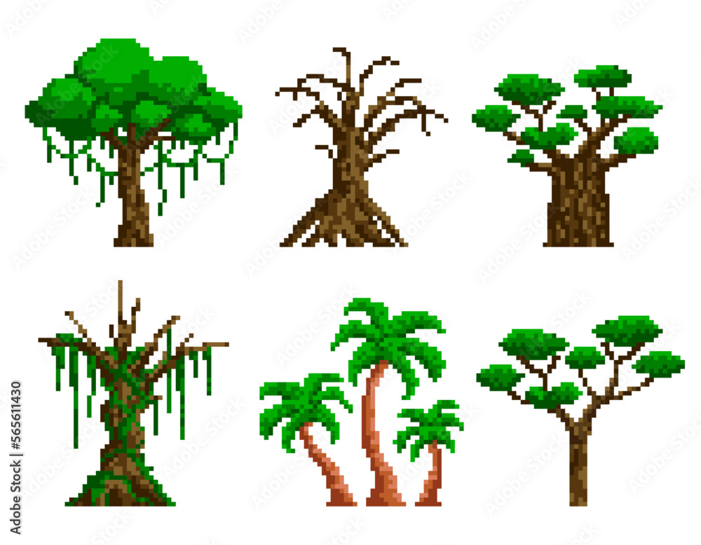 Green pixel trees. A large oak tree with a tropical palm tree and a ...