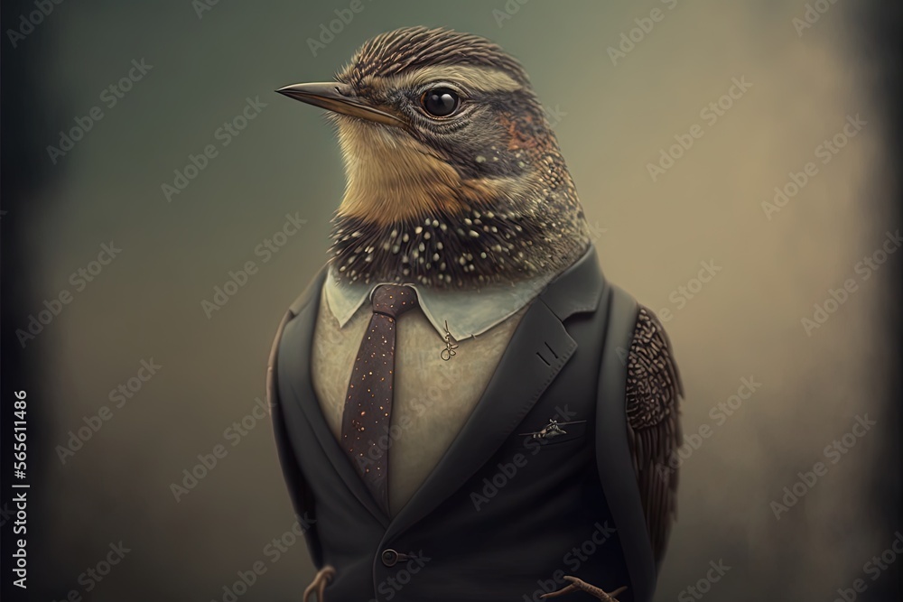 a bird wearing a suit and tie with a dark background and a black ...