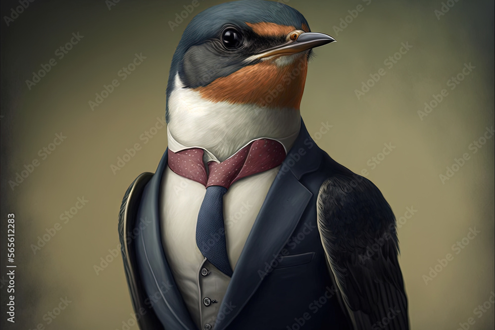 a bird with a red and white tie and a blue suit and tie with a red and ...