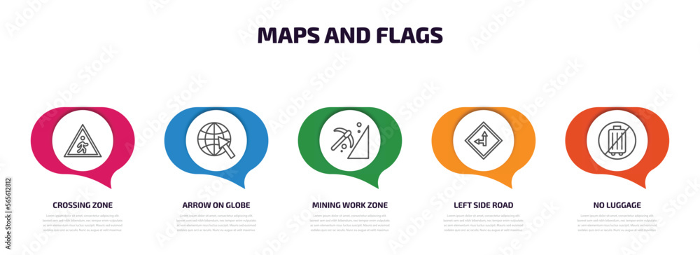 maps and flags infographic element with outline icons and 5 step or ...