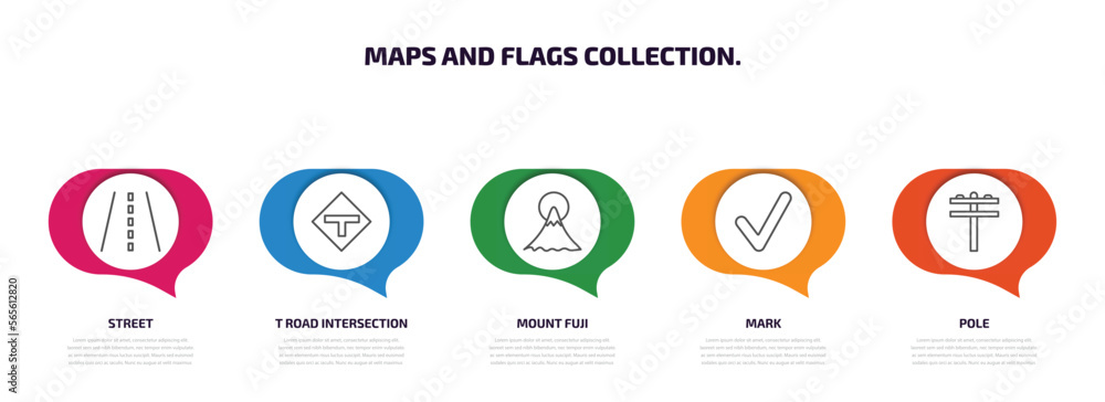 maps and flags collection. infographic element with outline icons and 5 ...