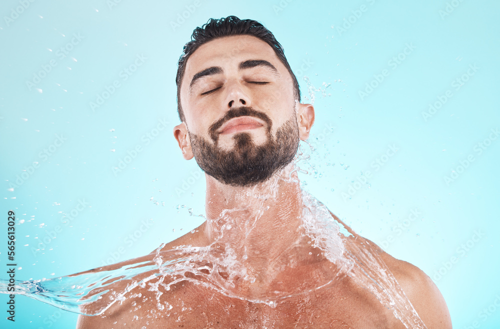Water, splash and skincare with face of man for shower, self care and ...