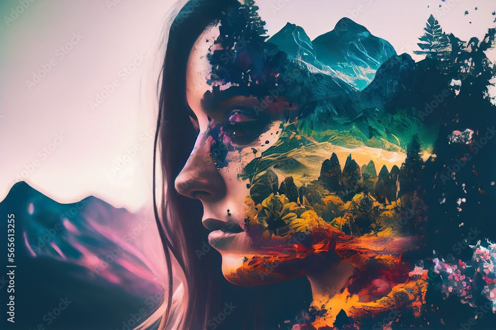 Double exposure nature landscape in a woman face. portrait of lady ...