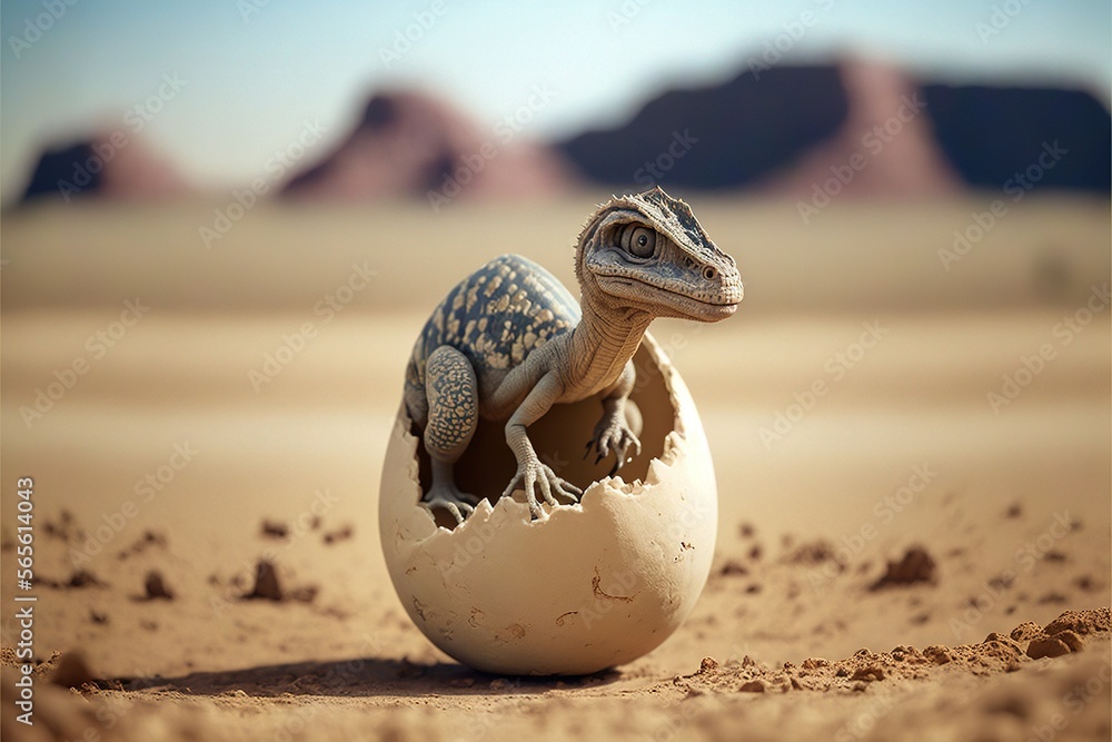 a lizard sitting inside of an egg in the desert with mountains in the ...