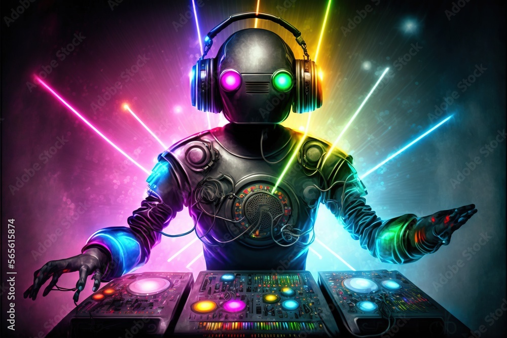 ภาพประกอบสต็อก a robot dj mixing music on a turntable with headphones ...