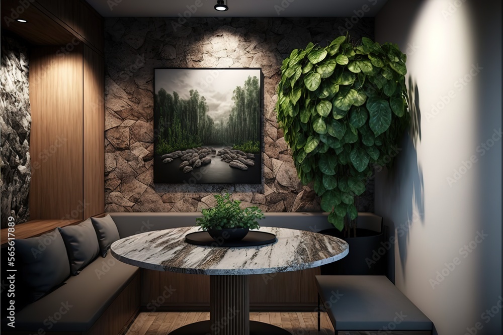 Living room design with wall corner sitting in natural stone and wood ...