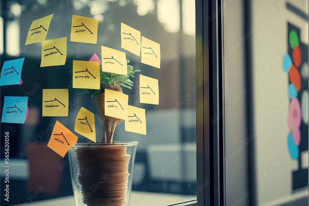 a potted plant with sticky notes attached to it sitting on a window ...