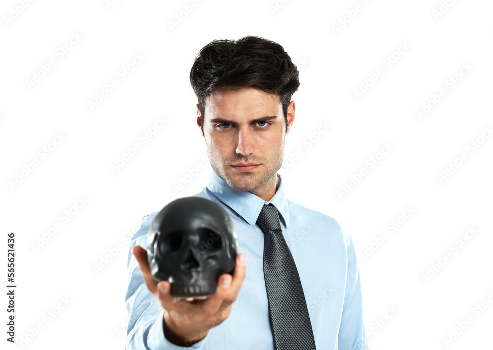Portrait, black skull and business man in studio for death, symbol and ...