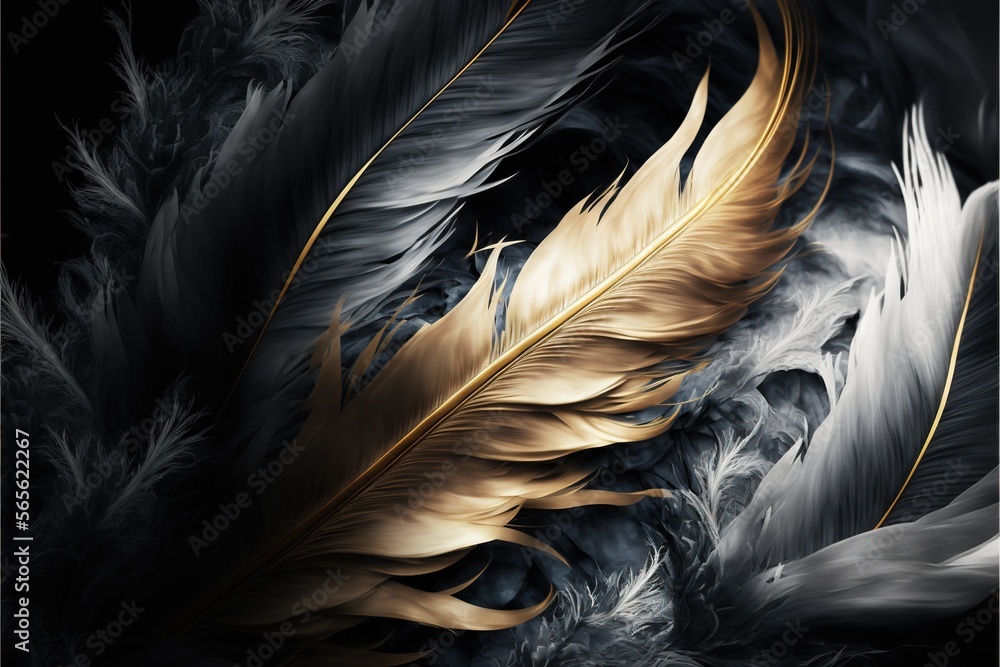 a black and gold feather with a black background and a white background ...