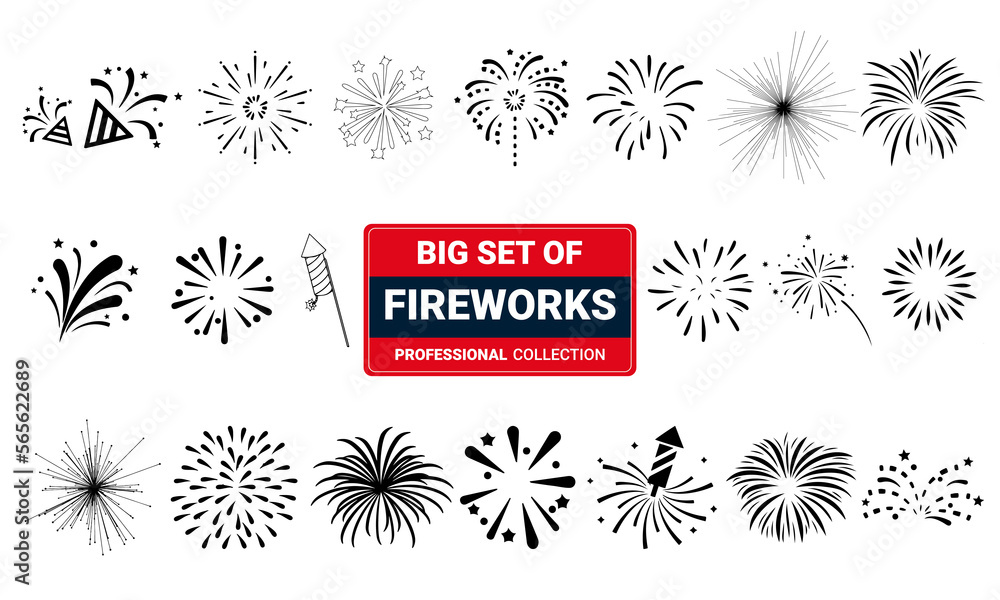 Festive patterned firework bursting in various shapes sparkling ...