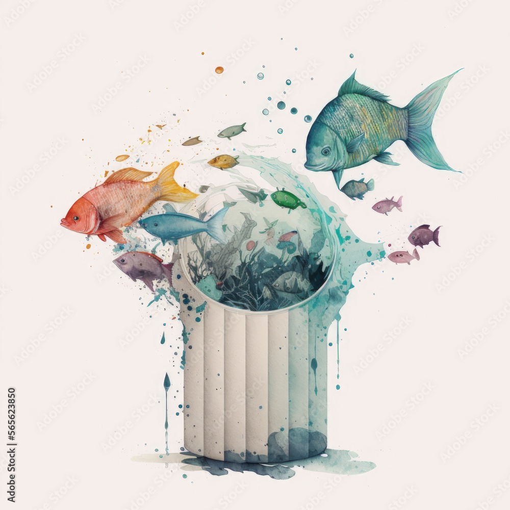 watercolour style fish swim around garbage can full of rubbish that ...