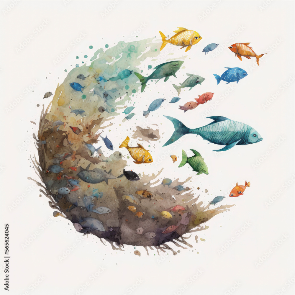 watercolour style fish swimming in school emerging from contaminated ...