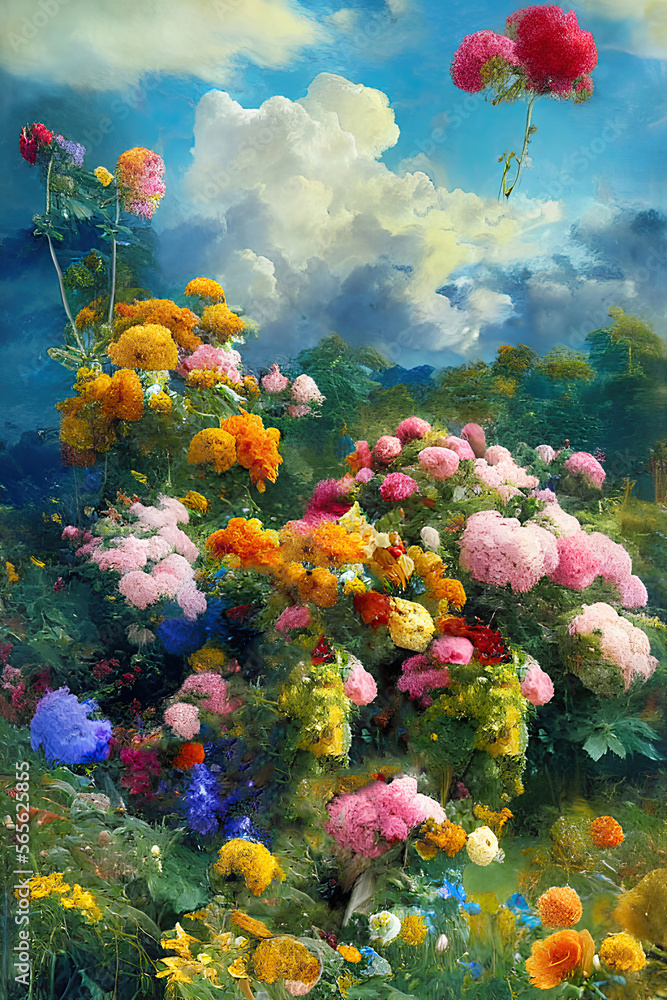 ภาพประกอบสต็อก Paradise garden full of flowers, beautiful idyllic ...