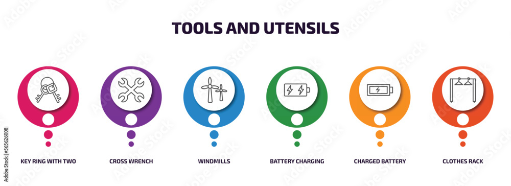 tools and utensils infographic element with outline icons and 6 step or ...