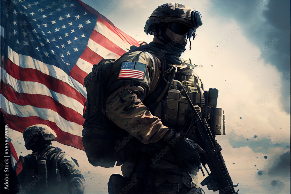Special unit force soldiers with American flag in the background ...
