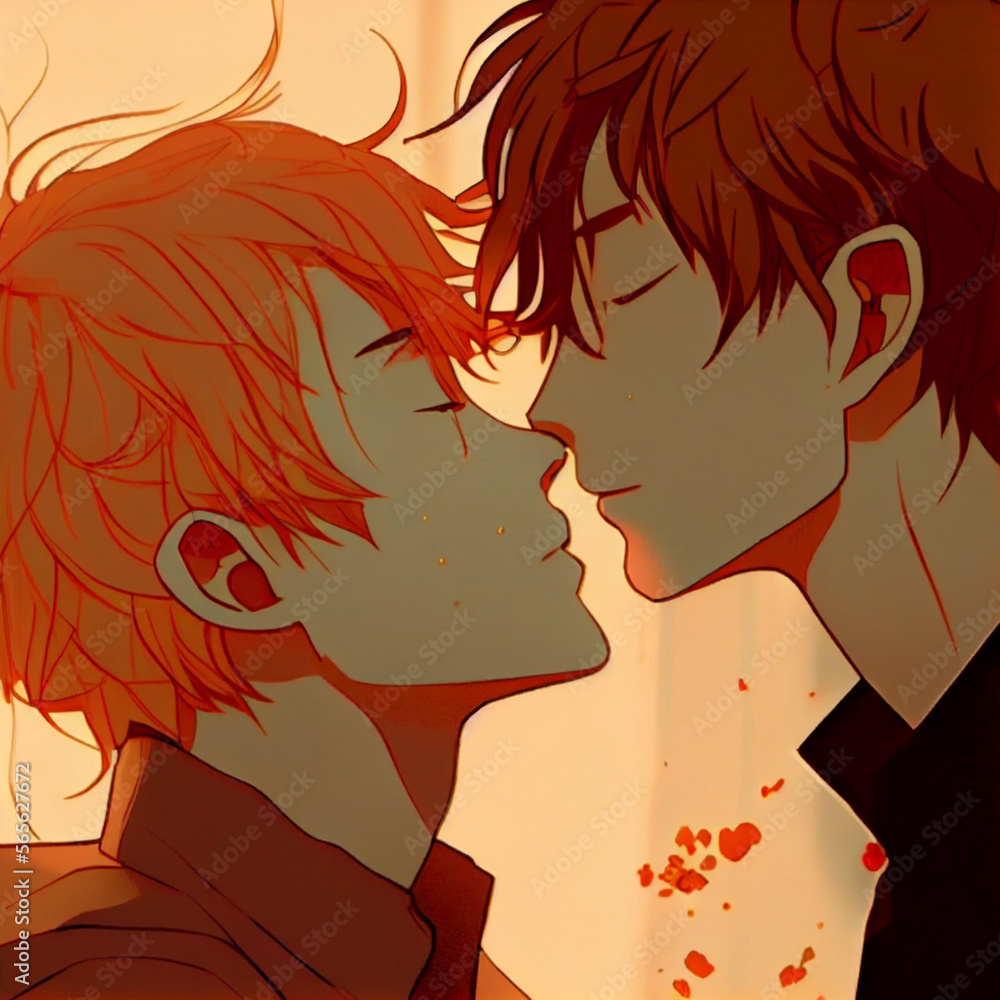 Kiss of two guys in love anime style. Generative AI Content. Stock ...