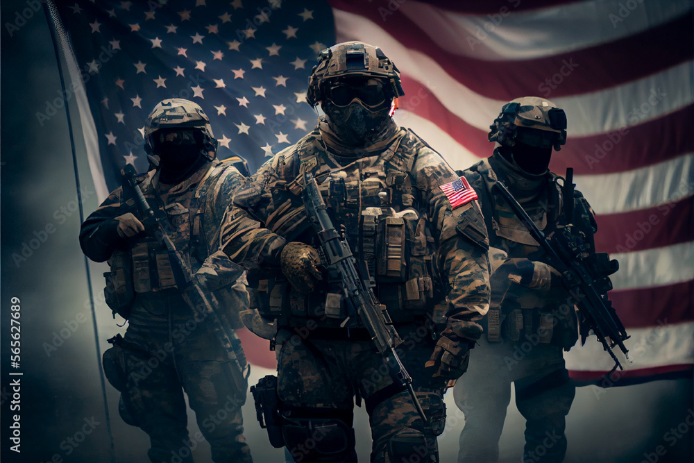 Special unit force soldiers with American flag in the background ...