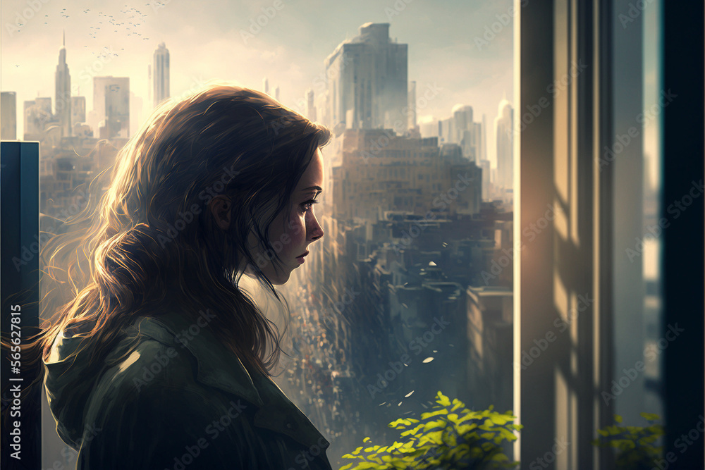 Sad girl in front of a future city skyline made with Generative AI ...
