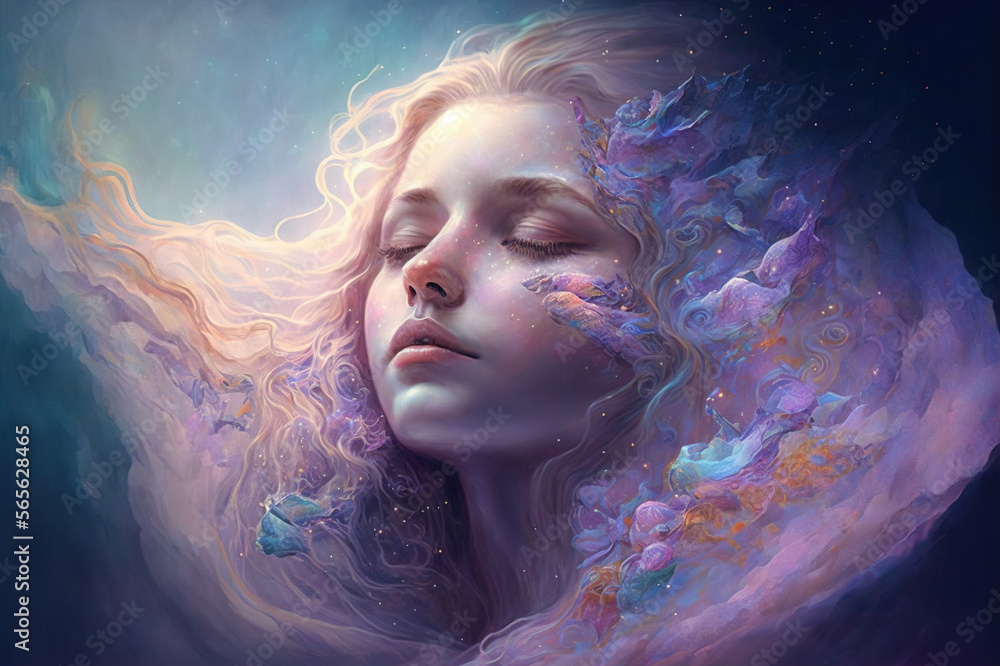 Abstract woman dream decorated by harmony and endless colors of star in ...
