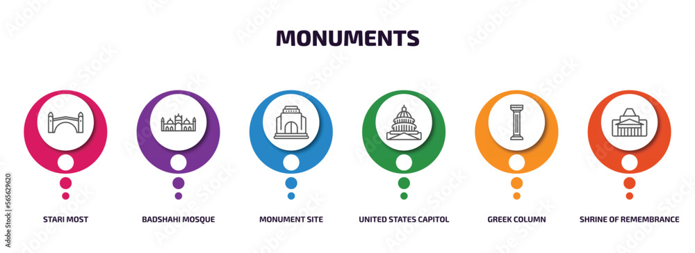 monuments infographic element with outline icons and 6 step or option ...