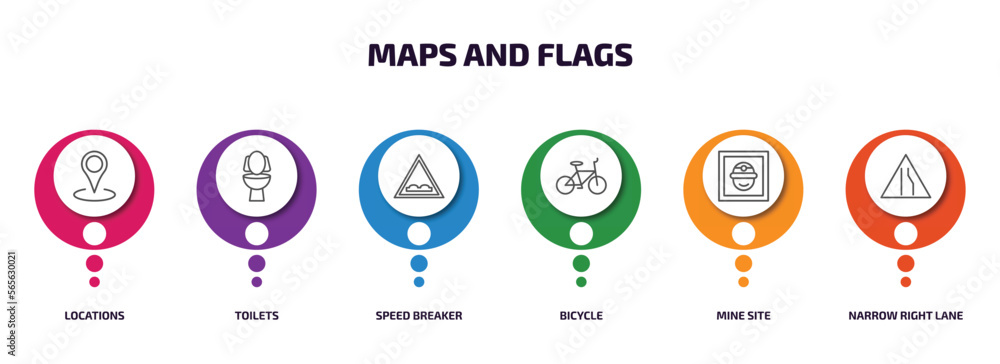 maps and flags infographic element with outline icons and 6 step or ...